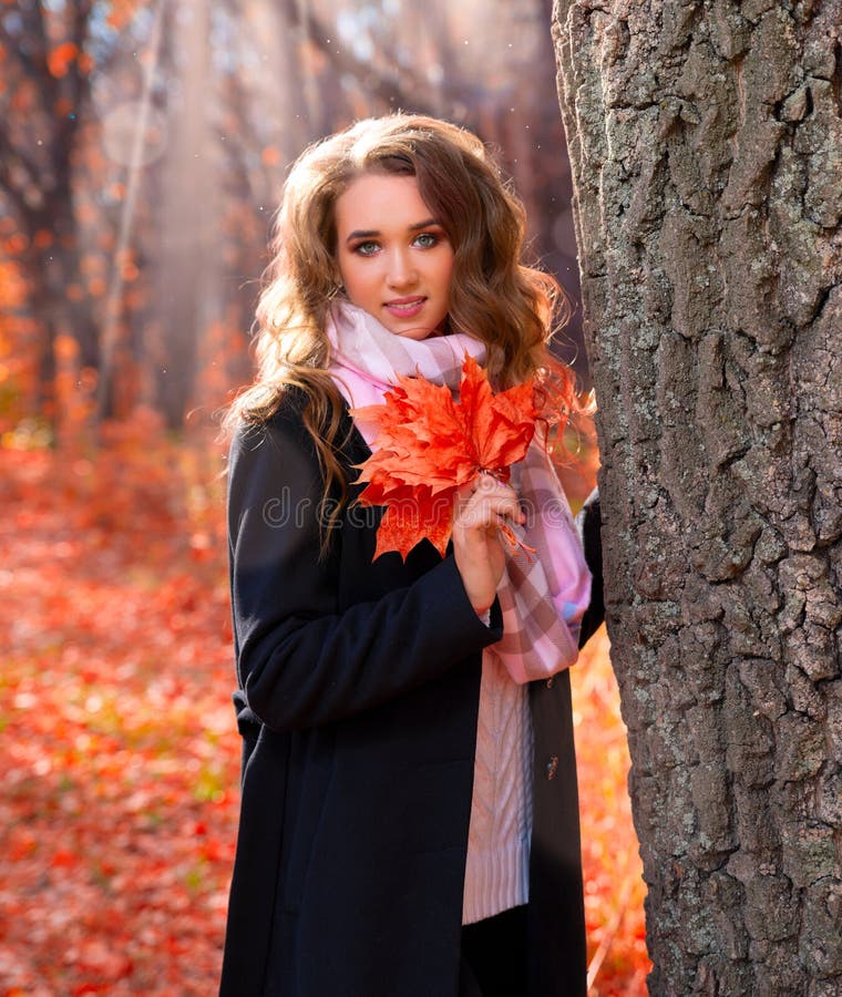 Young Girl in Autumn Forest Stock Photo - Image of attractive, cute ...