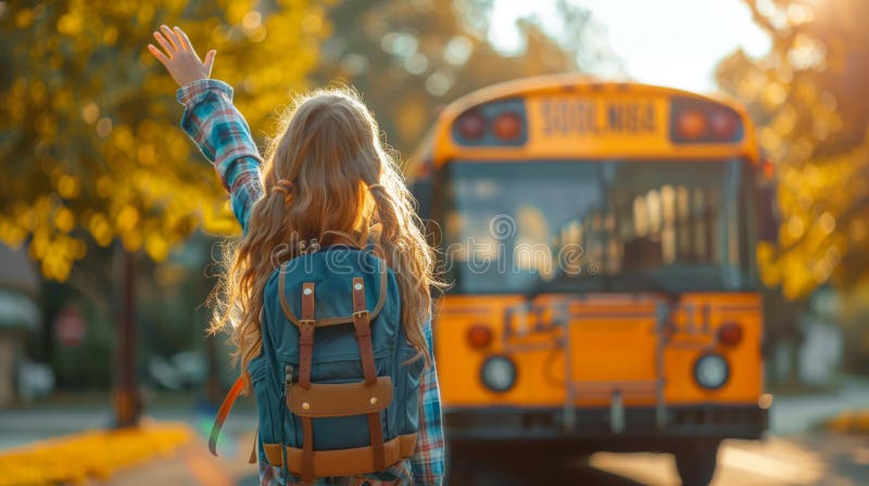 A Young Girl with a Backpack Waves To a School Bus Stock Image - Image ...