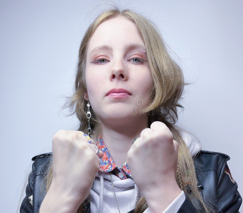 A Young Girl in a Black Leather Jacket Stock Photo - Image of jacket ...
