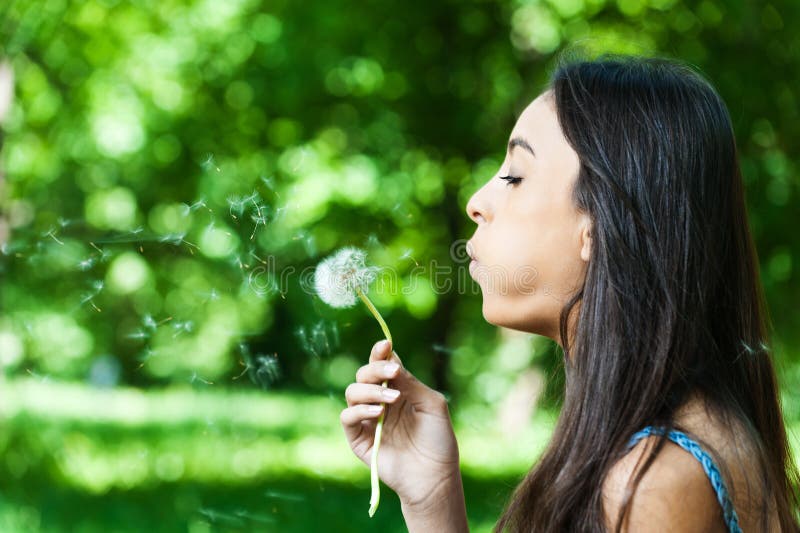 Young Girl Blowing Dandelion Stock Photo - Image of green, dandelion ...