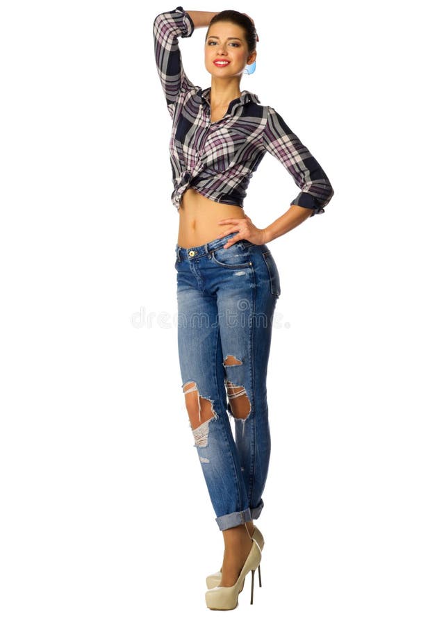 Young girl in blue jeans stock photo. Image of front - 76338892