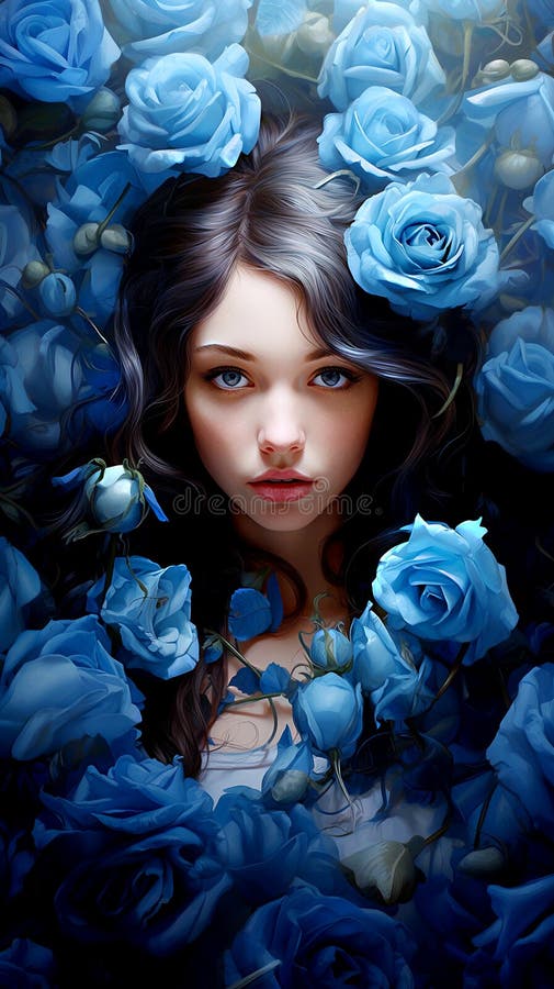 Young girl in blue roses stock illustration. Illustration of head ...