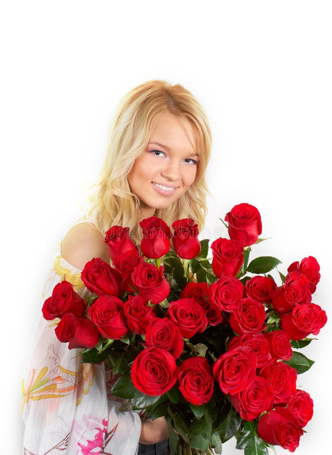Young Girl with a Bouquet of Roses Stock Image - Image of rose, woman ...