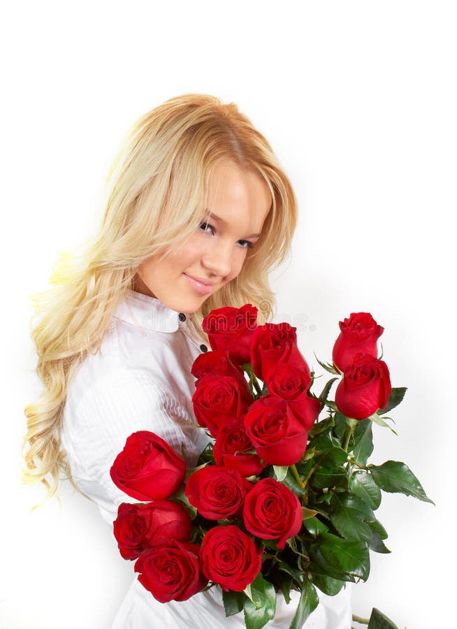 Young Girl with a Bouquet of Roses Stock Image - Image of holiday ...