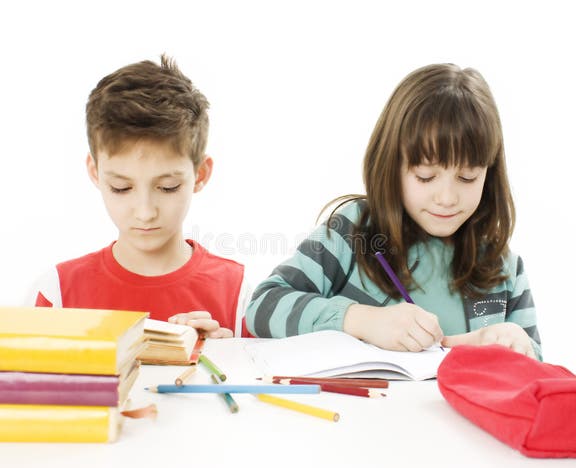 Young Girl and Boy Doing Homework Stock Image - Image of notebook, page ...