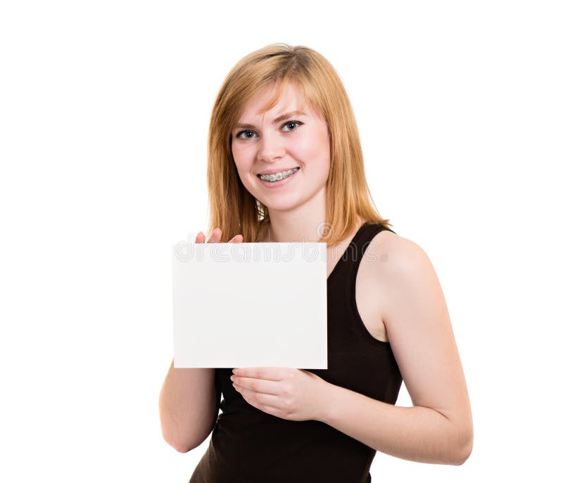 Young Girl with Brackets Hold Blank Paper Isolated Stock Photo - Image ...