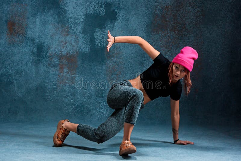 Young Girl Break Dancing On Wall Background. Stock Photo - Image of ...