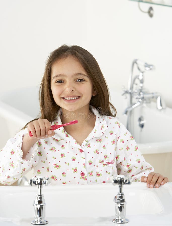 Young Girl Brushing Teeth at Sink Stock Image - Image of hygiene ...