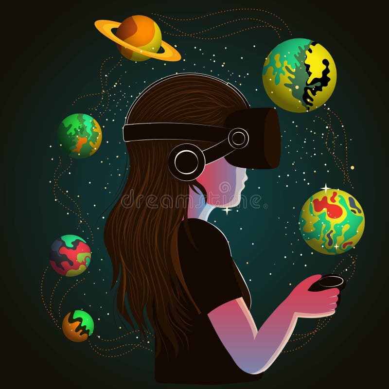 Young Girl Character Wearing VR Headset and Using Controller Interacts ...