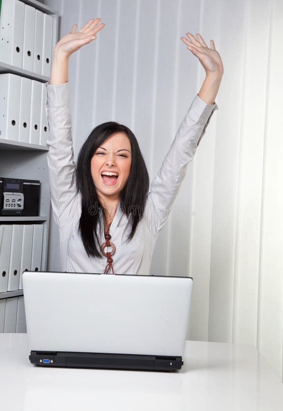Young Girl Cheering on a Computer Stock Photo - Image of business ...