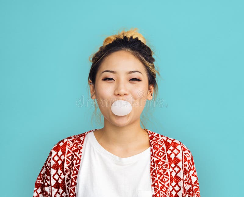 Young Girl Chewing Bubble Gum Concept Stock Photo - Image of asian ...