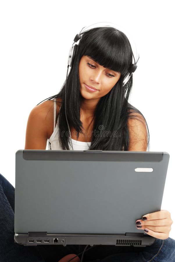 The Young Girl with a Computer Stock Image - Image of brunette ...