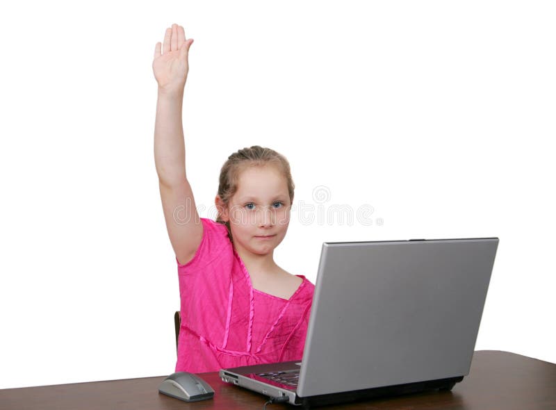 Young Girl at Computer Over White Stock Photo - Image of grade, laptop ...