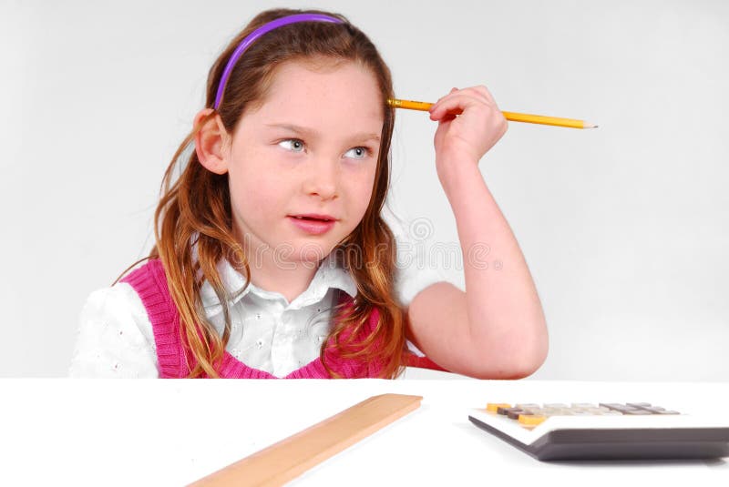 Girl Thinking Hard Doing School Work Stock Photo - Image of school ...