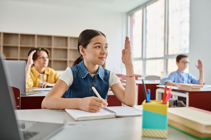 A Young Girl with a Curious Stock Image - Image of laptop, children ...