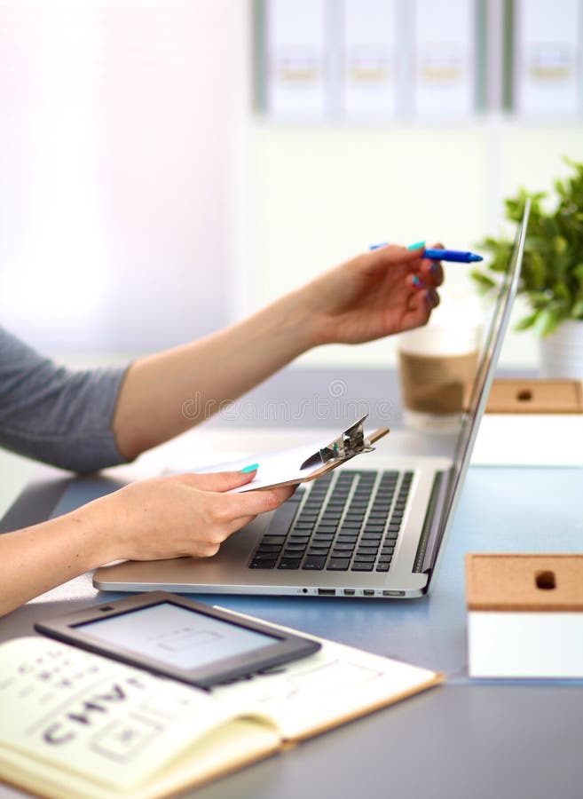 Young Girl the Designer of the Table with a Laptop Stock Image - Image ...