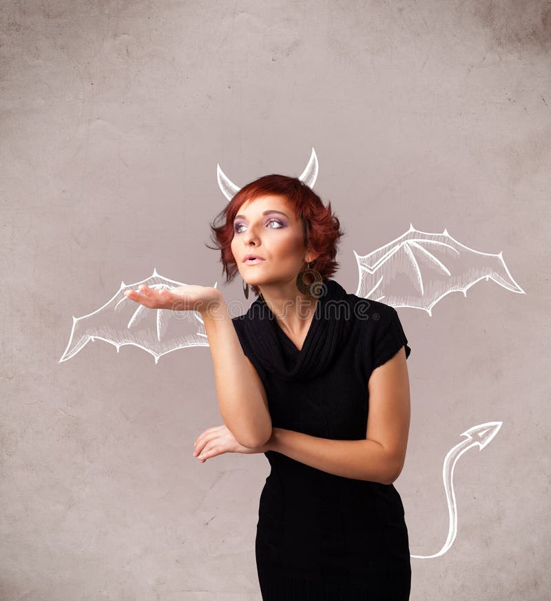 Young Girl with Devil Horns and Wings Drawing Stock Image - Image of ...