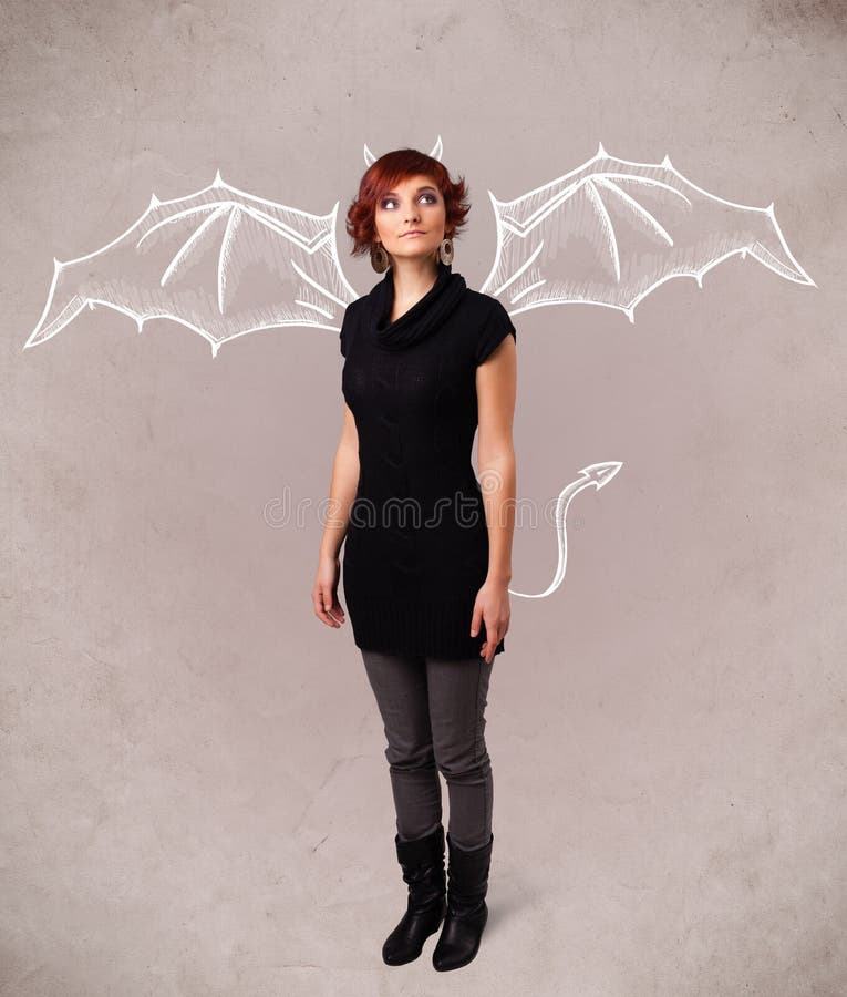 Young Girl with Devil Horns and Wings Drawing Stock Image - Image of ...