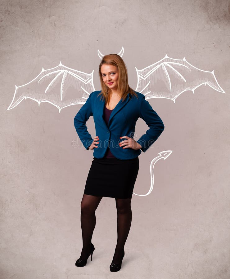 Girl with Devil Horns and Wings Drawing Stock Image - Image of fire ...