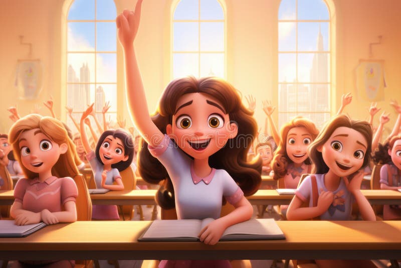 A Young Girl Has Her Hand Raised in a Classroom, Eager To Answer a ...