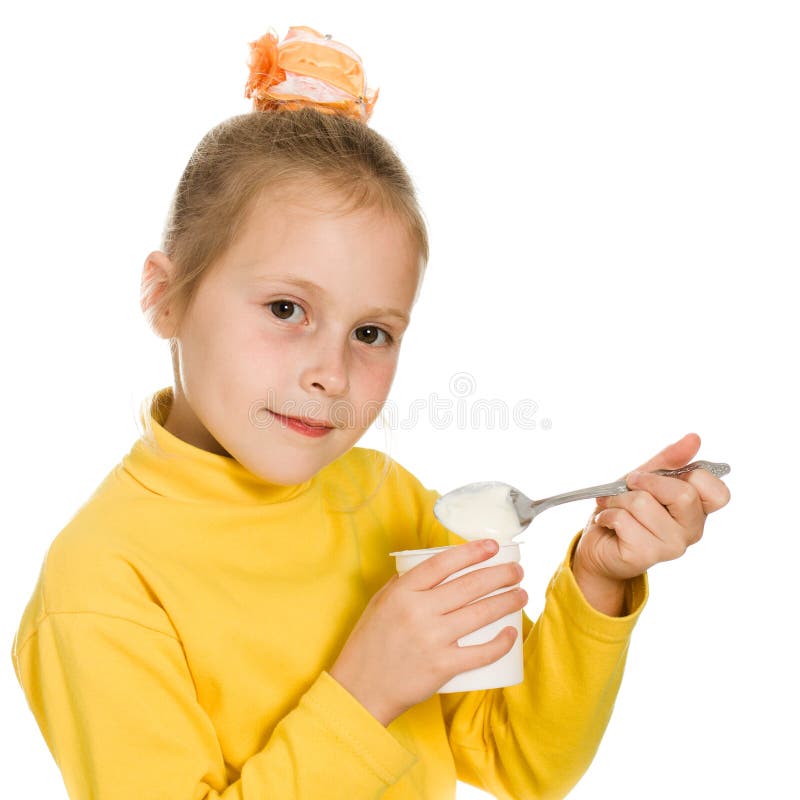 Little Girl Eating Yogurt, Mouth Wide Open Stock Photo - Image of ...