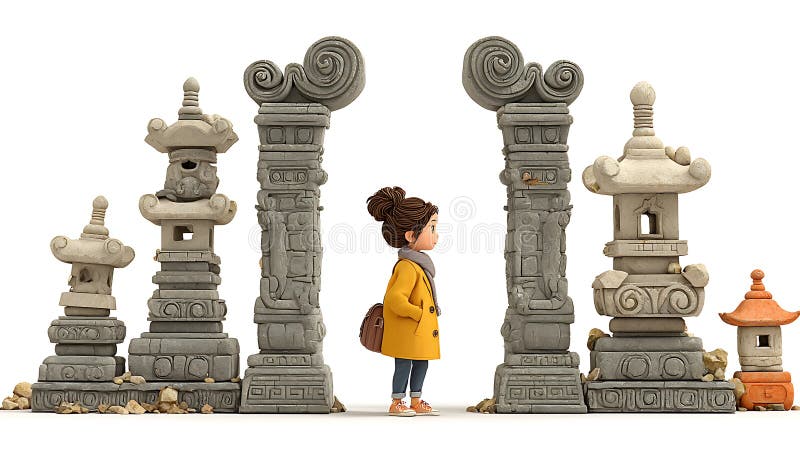 Young Girl Exploring Ancient Stone Structures and Pagodas 3D Render ...