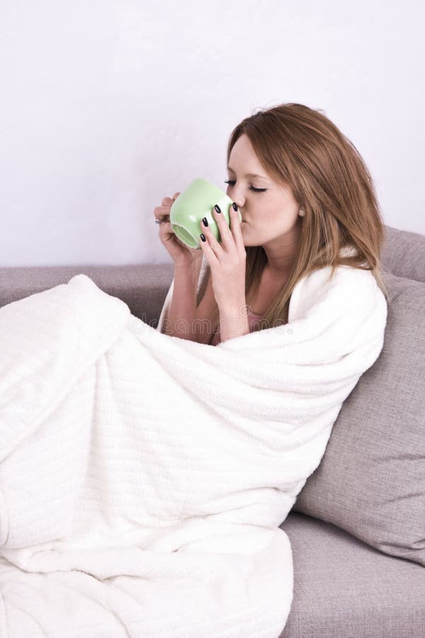 Young Girl with Flu Drinking a Hot Tea Stock Photo - Image of drink ...