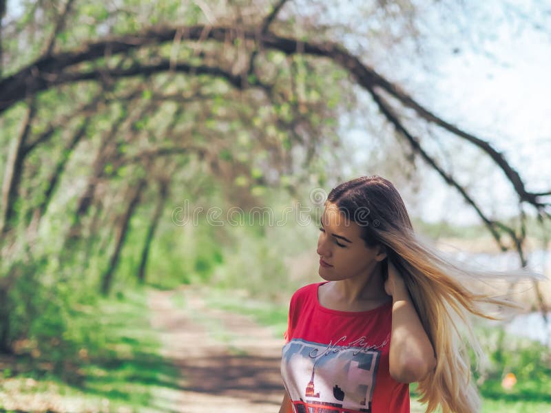 Young Girl at the Forest Happy Stock Image - Image of jogging, river ...