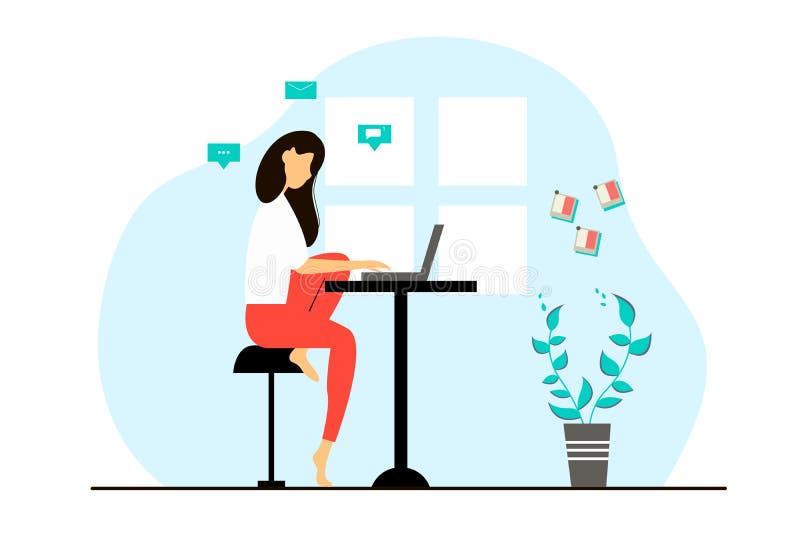 Young Girl is a Freelancer Working from Home. Vector Illustration in ...