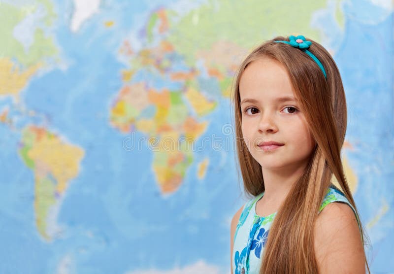 Young Girl in Front of World Map Stock Image - Image of studying ...