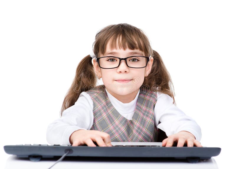 Young Girl with Glasses Typing Keyboard. Isolated on White Stock Photo ...