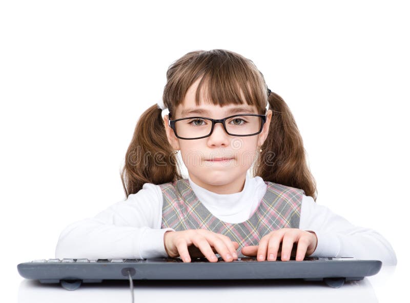 Young Girl with Glasses Typing Keyboard. Isolated on White Stock Photo ...
