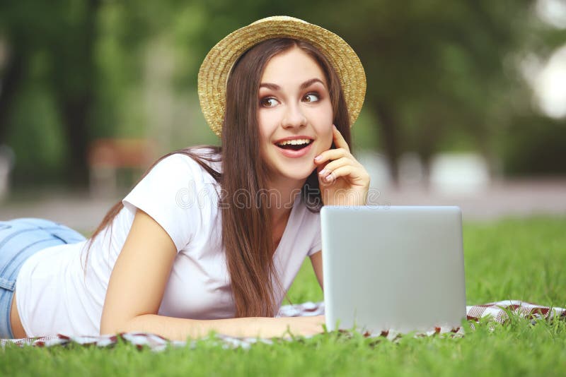 Young Girl in Hat with Laptop Computer Stock Image - Image of modern ...