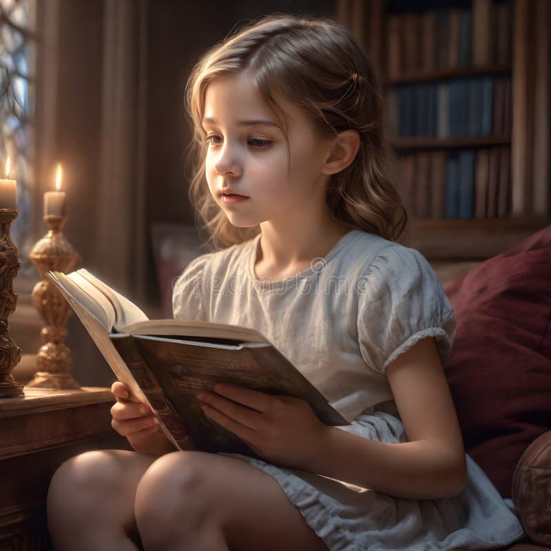 Young Girl Immersed in Reading a Book at the Library Stock Illustration ...
