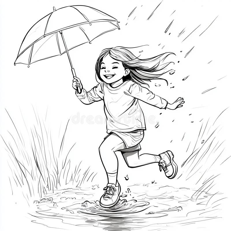 Young Girl Jumping Over a Puddle Holding an Umbrella Stock Illustration ...