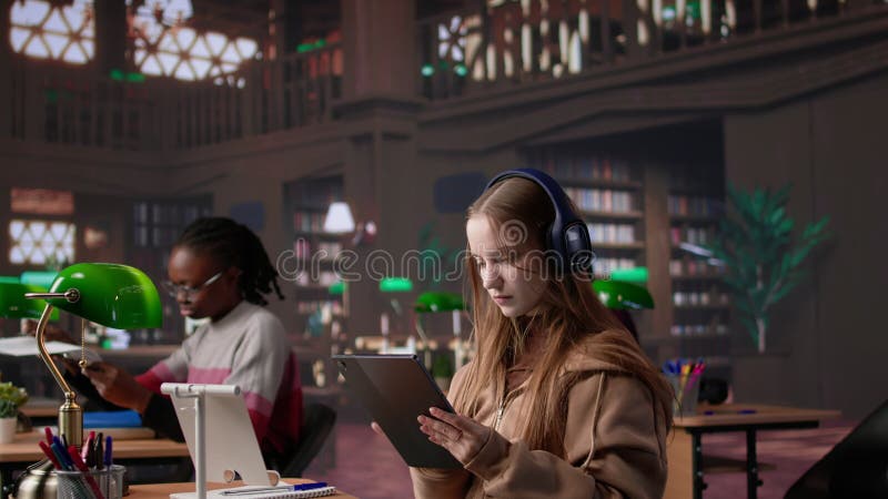 Young Girl Listening To Educational Documentary on Laptop and Taking ...