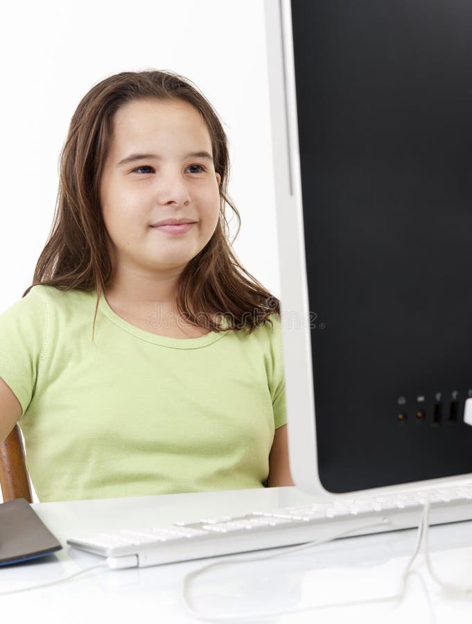 Pre-teen Girl at Computer Smiling. Stock Image - Image of space ...