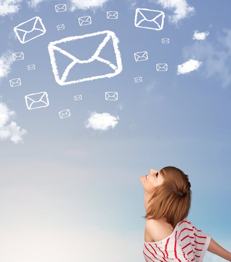 Young Girl Looking At Mail Symbol Clouds On Blue Sky Stock Photo ...