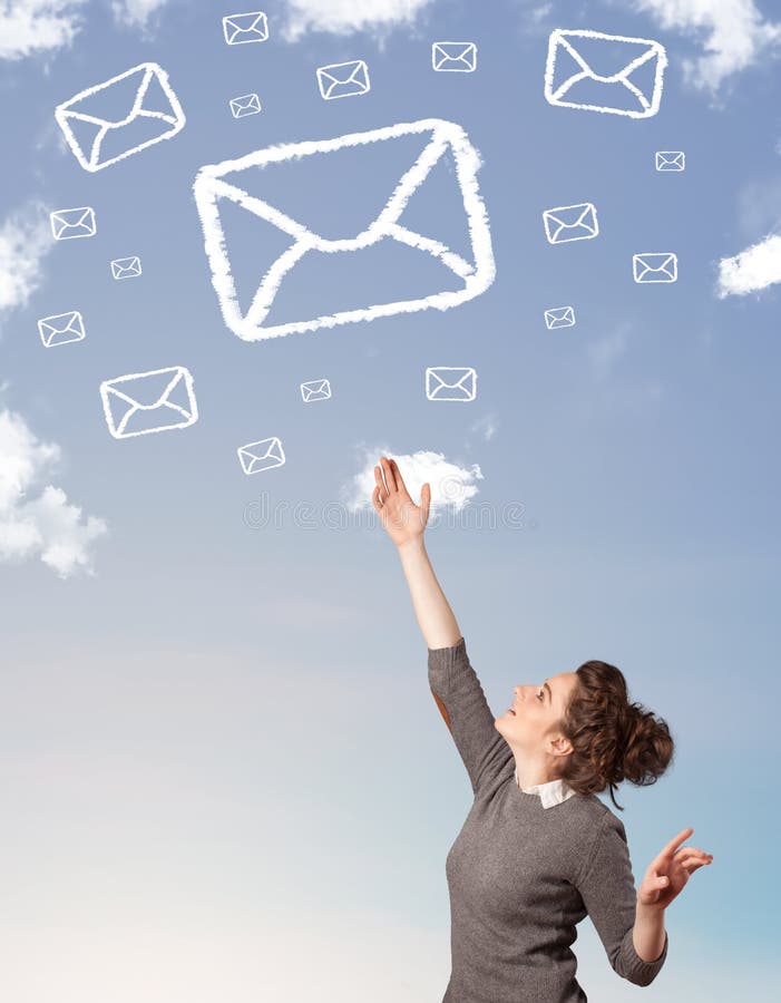 Young Girl Looking at Mail Symbol Clouds on Blue Sky Stock Image ...