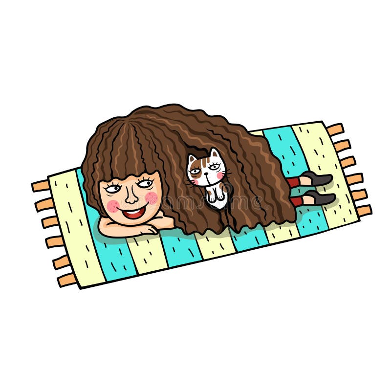 Young Girl Lying on the Mat with Cat Illustration Stock Vector ...