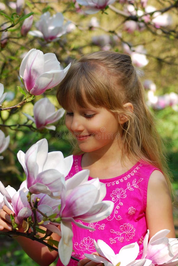 Little Girl in Sping Forest Stock Photo - Image of garden, blossom ...