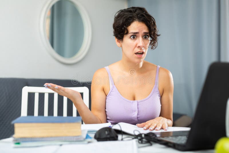 Young Girl Manager Has Problems and Stress during Work at Laptop Stock ...