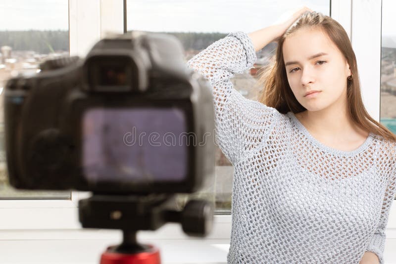 Young Girl Model Posing in Front of the Camera at a Photo Shoot Stock ...