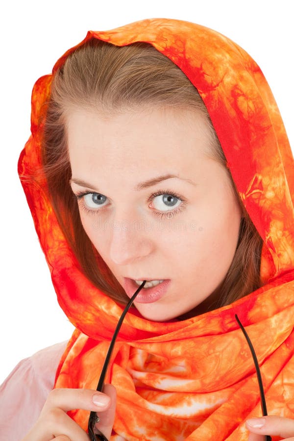Young Girl with Orange Shawl Stock Image - Image of blue, orange: 12089375
