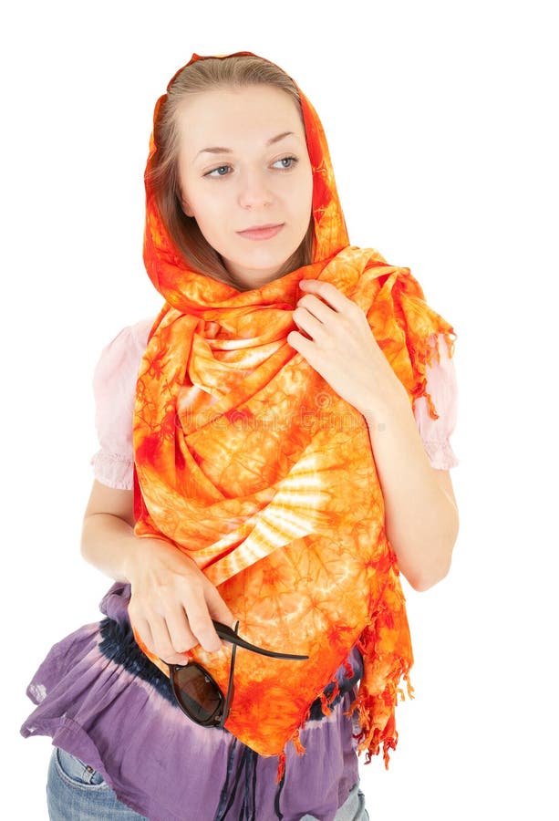 Young Girl with Orange Shawl Stock Image - Image of blue, glamour: 13232135