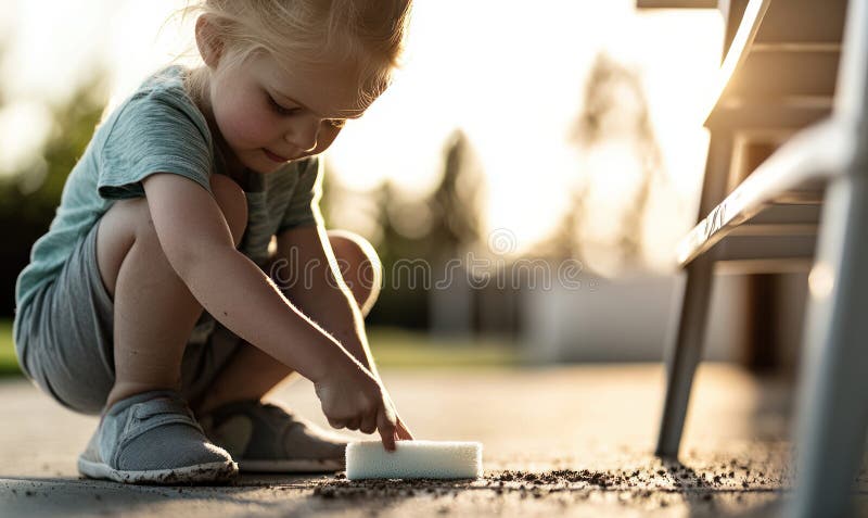 A Young Girl Playfully Cleans a Concrete Surface with a Sponge ...
