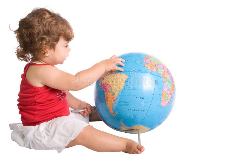 Young Girl Playing with a World Globe Map Stock Image - Image of sphere ...