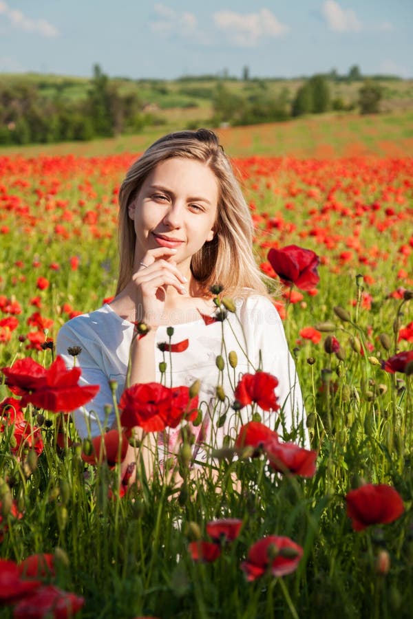 Young Girl in the Poppy Field Stock Photo - Image of flowers, poppy ...