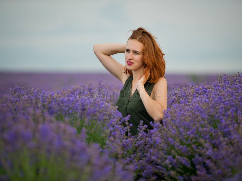 Young Girl with, Posing in a Lavender Field. Stock Image - Image of ...