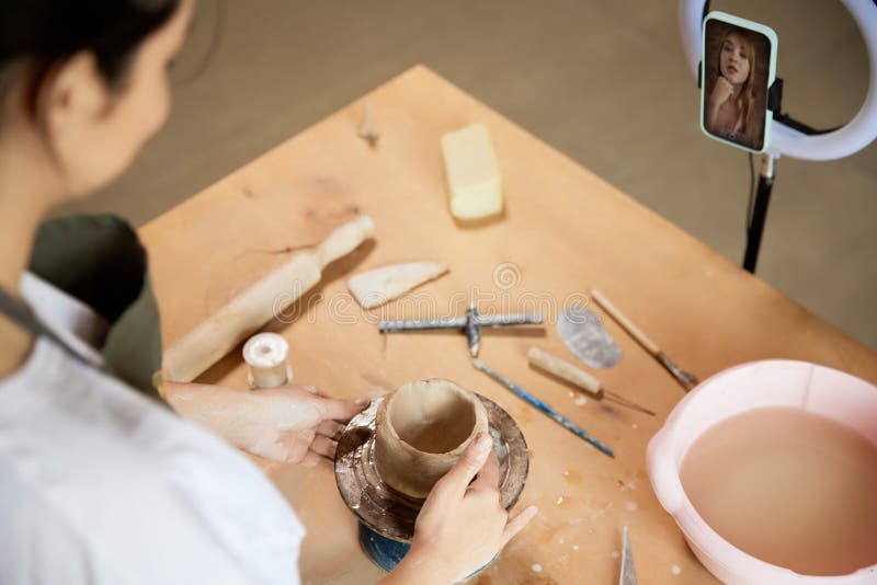 Young Girl, Pottery Master with Teaching Student To Make Ceramic ...